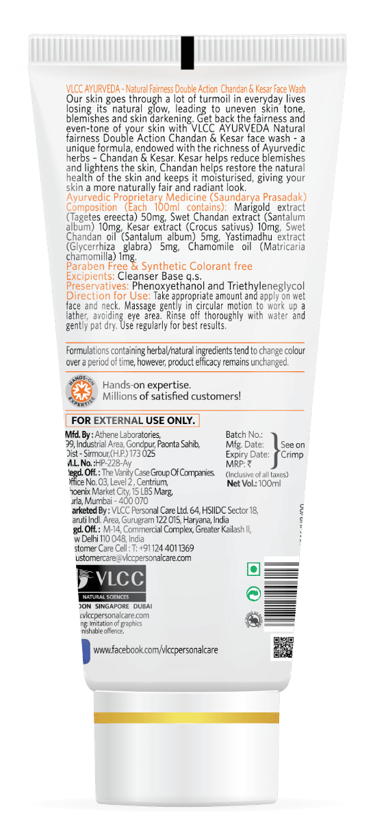 VLCC Ayurveda Chandan & Kesar Face Wash, 100 ml Price, Uses, Side ...