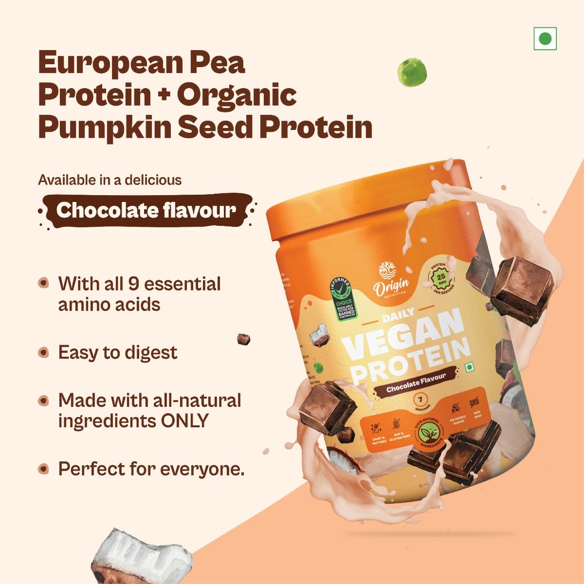 Origin Nutrition 100% Natural Vegan Protein Chocolate Flavour Powder ...