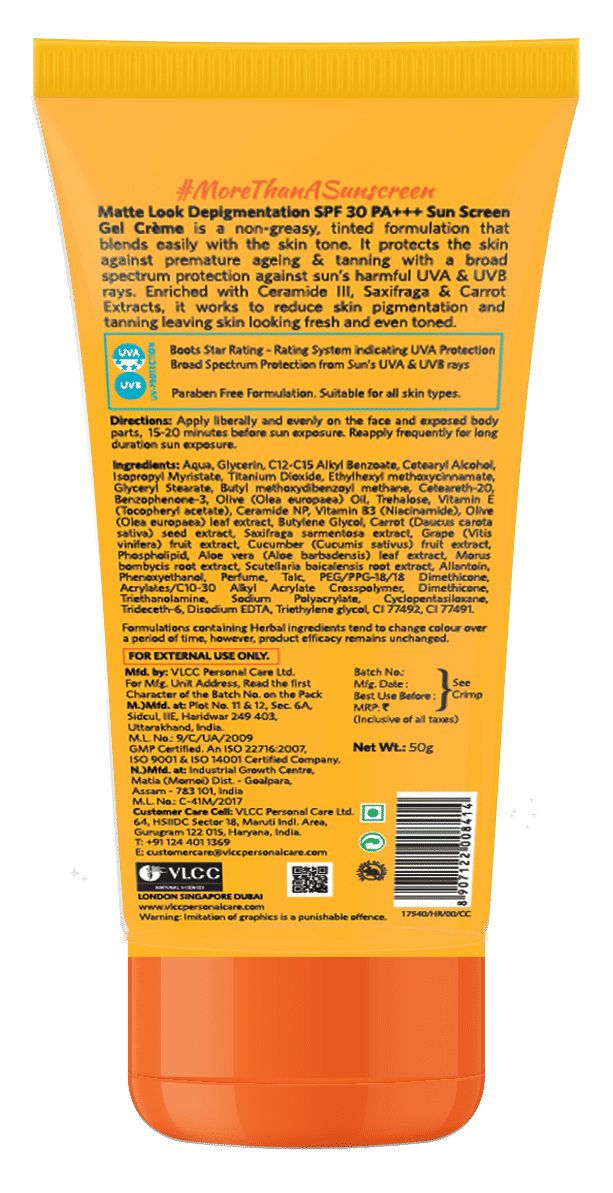 VLCC Matte Look Depigmentation SPF 30 PA+++ Sunscreen Gel Creme, 50 gm ...