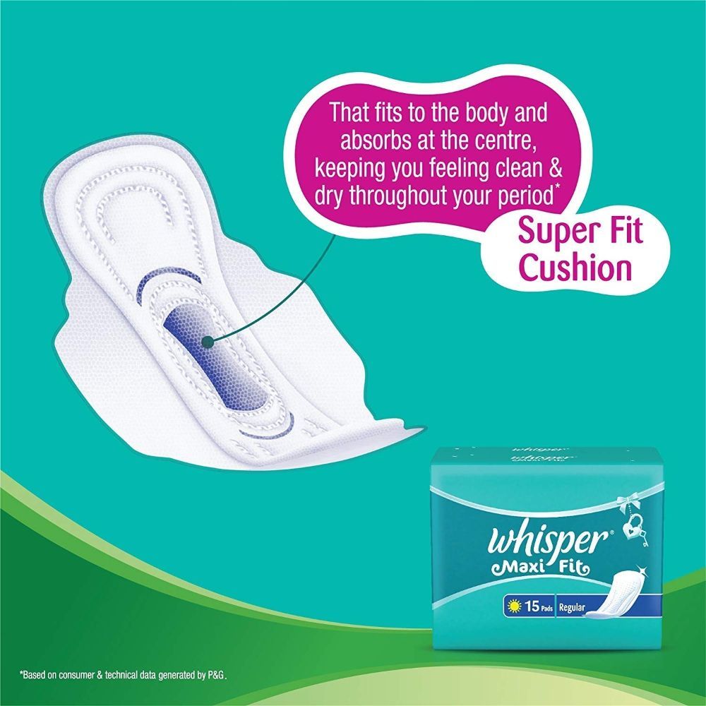 Whisper Maxi Fit Sanitary Pads Regular, 15 Count Price, Uses, Side ...