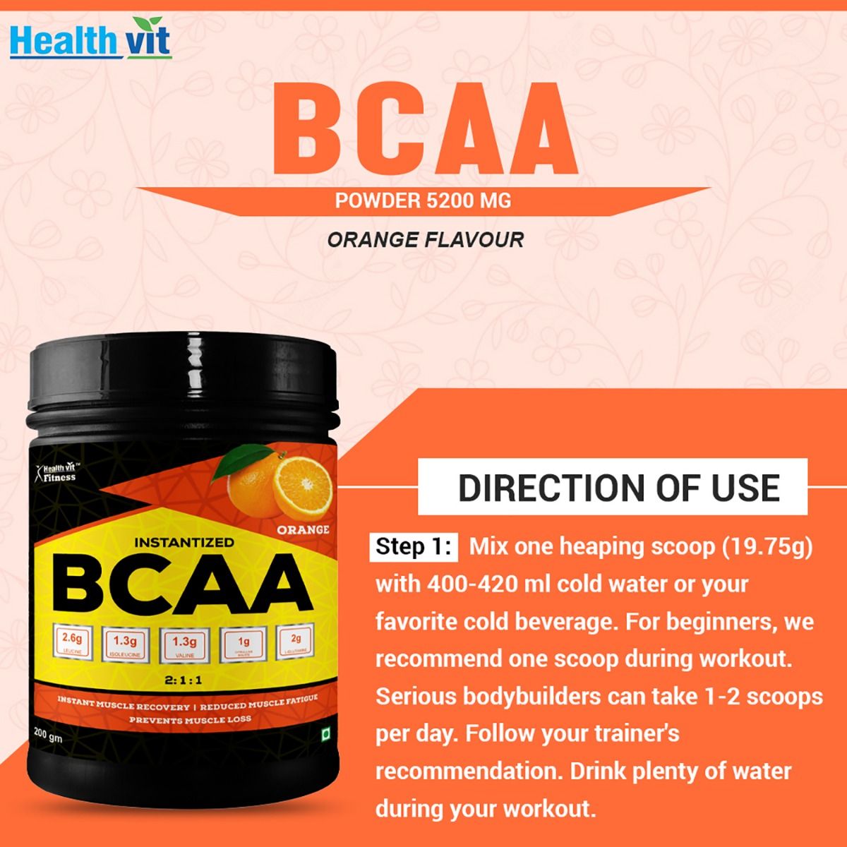 Healthvit Fitness Instantized BCAA 5200 mg Orange Flavour Powder, 200 ...