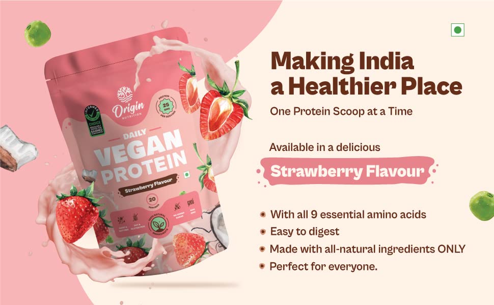Origin Nutrition 100% Natural Vegan Protein Strawberry Flavour Powder ...