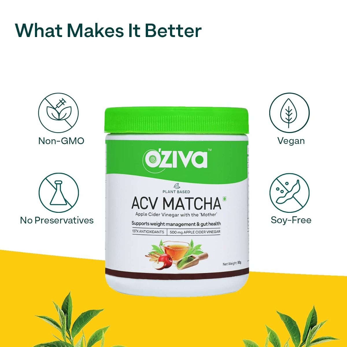 OZiva Plant Based ACV Matcha (Apple Cider Vinegar with Mother) Powder ...