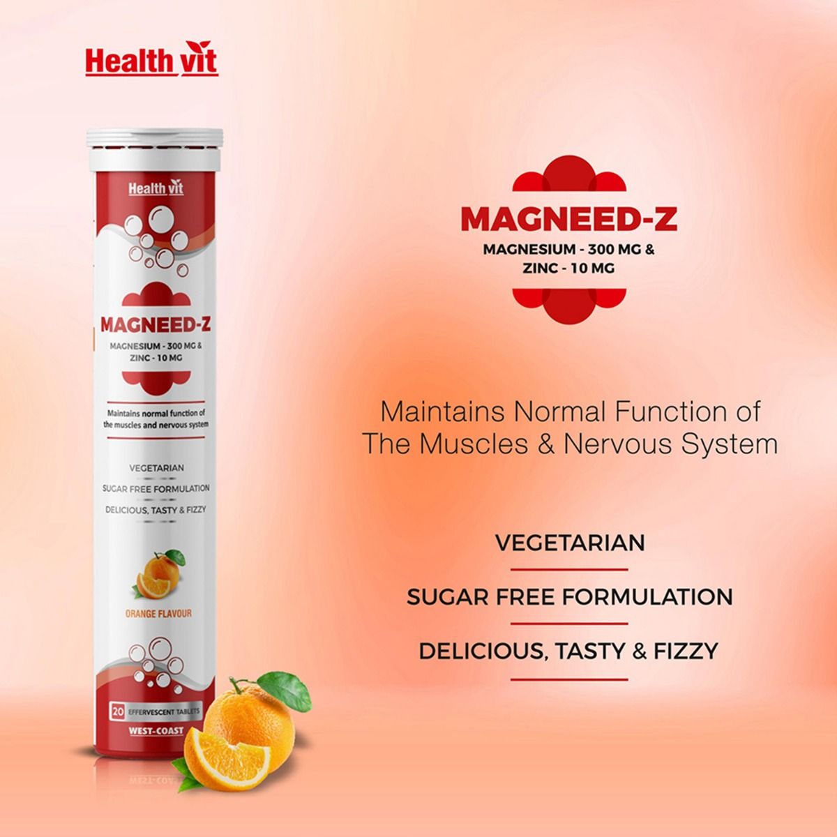 Healthvit Magneed-Z Sugar Free Orange Flavour Effervescent, 20 Tablets ...