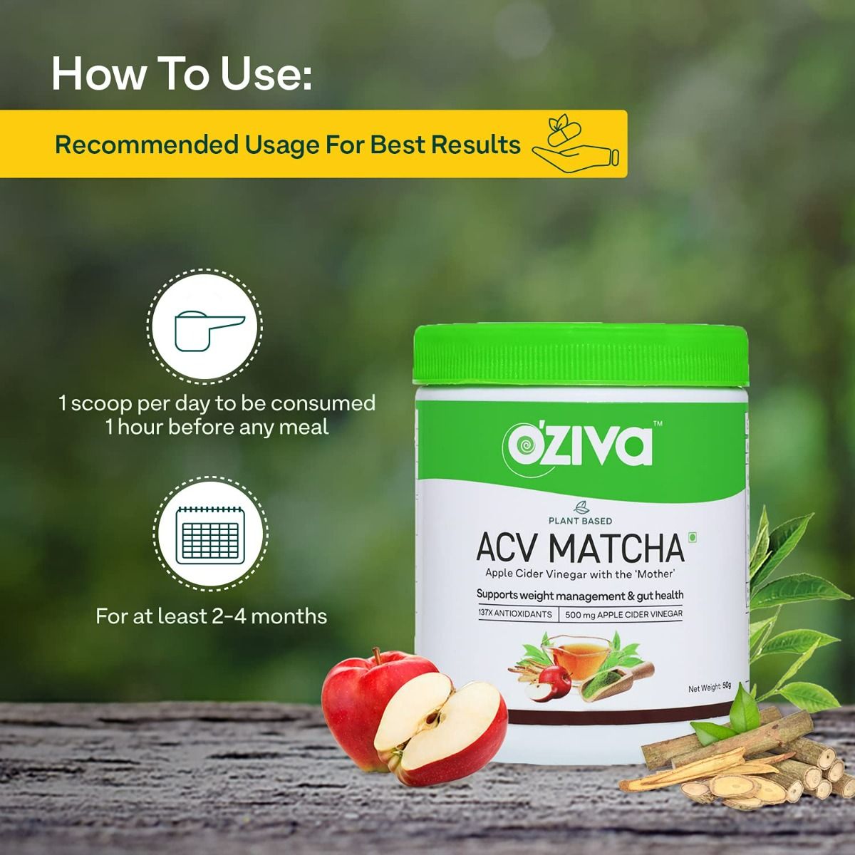 OZiva Plant Based ACV Matcha (Apple Cider Vinegar with Mother) Powder ...