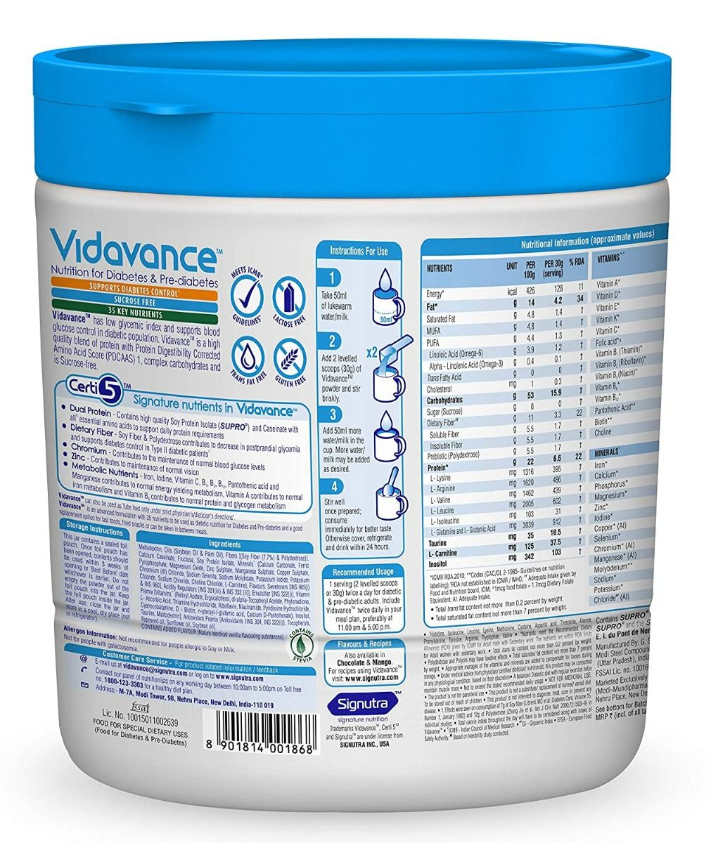 Vidavance Advanced Nutrition Vanilla Flavour Powder for Diabetes & Pre ...