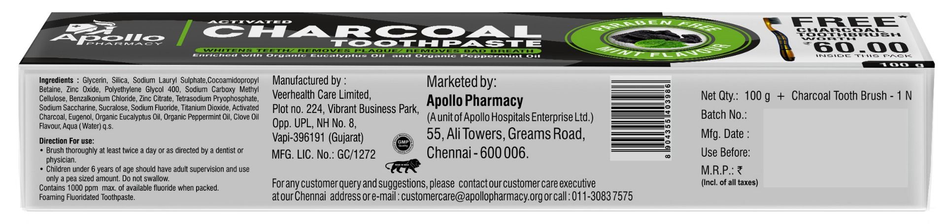 Apollo Pharmacy Activated Charcoal Mint Flavour Toothpaste + 1 ...