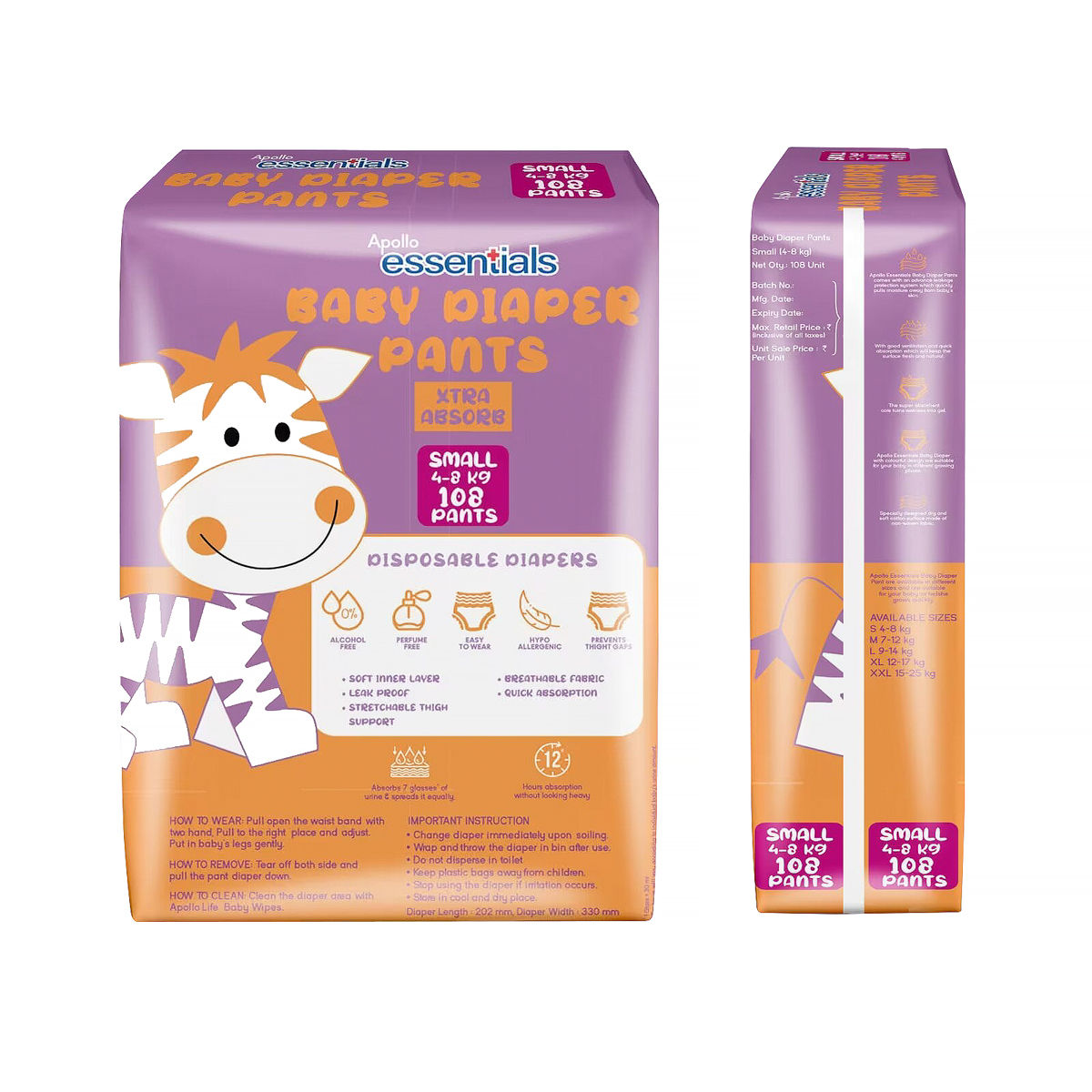 Apollo Essentials Extra Absorb Baby Diaper Pants Small, 108 Count Price ...