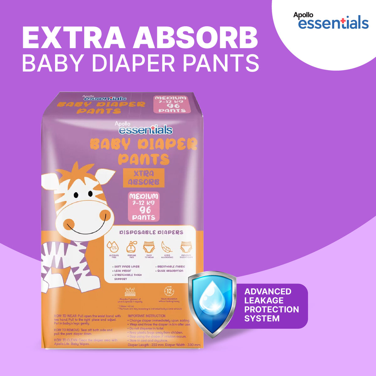 Apollo Essentials Extra Absorb Baby Diaper Pants Medium, 96 Count Price ...