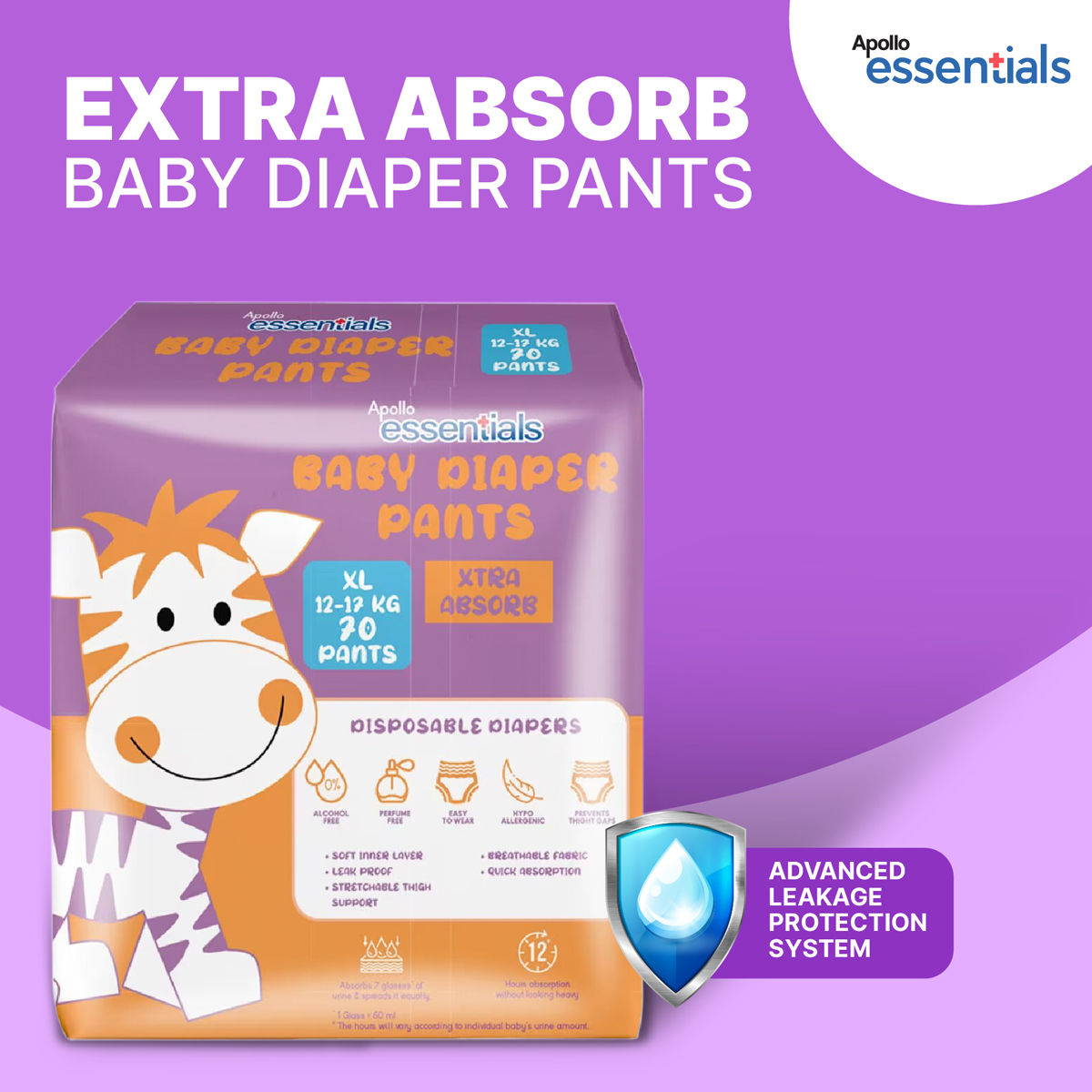 Apollo Essentials Extra Absorb Baby Diaper Pants XL, 70 Count Price ...