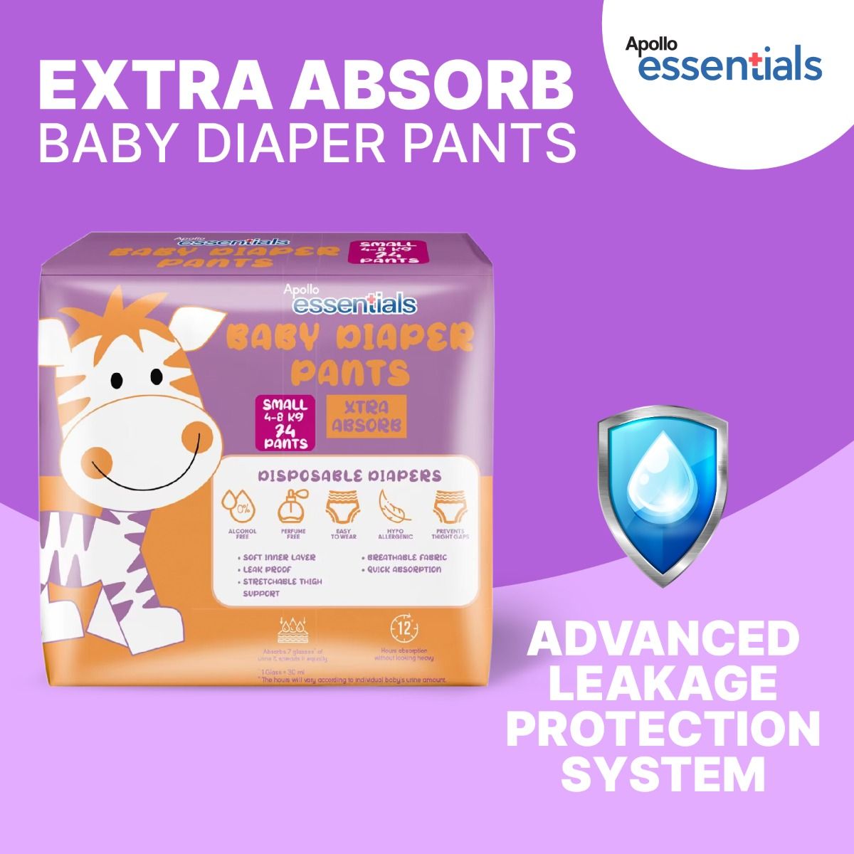 Apollo Essentials Extra Absorb Baby Diaper Pants Small, 74 Count Price ...