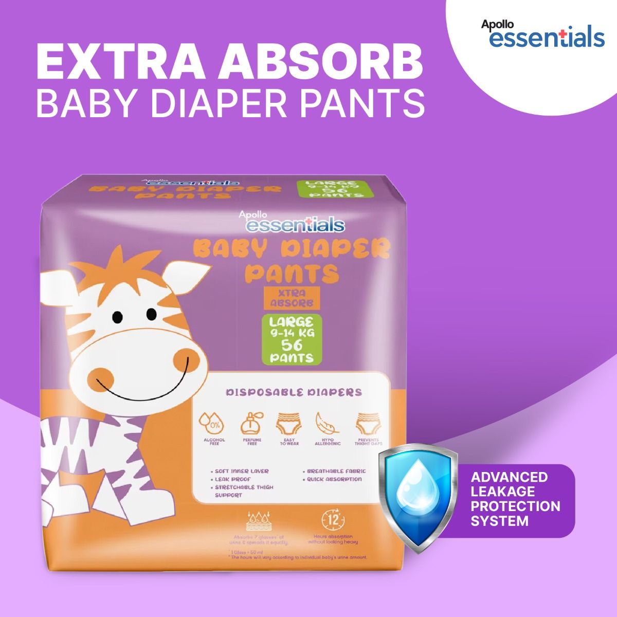 Apollo Essentials Extra Absorb Baby Diaper Pants Large, 56 Count Price ...