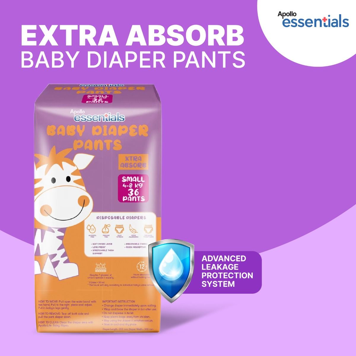 Apollo Essentials Extra Absorb Baby Diaper Pants Small, 36 Count Price ...