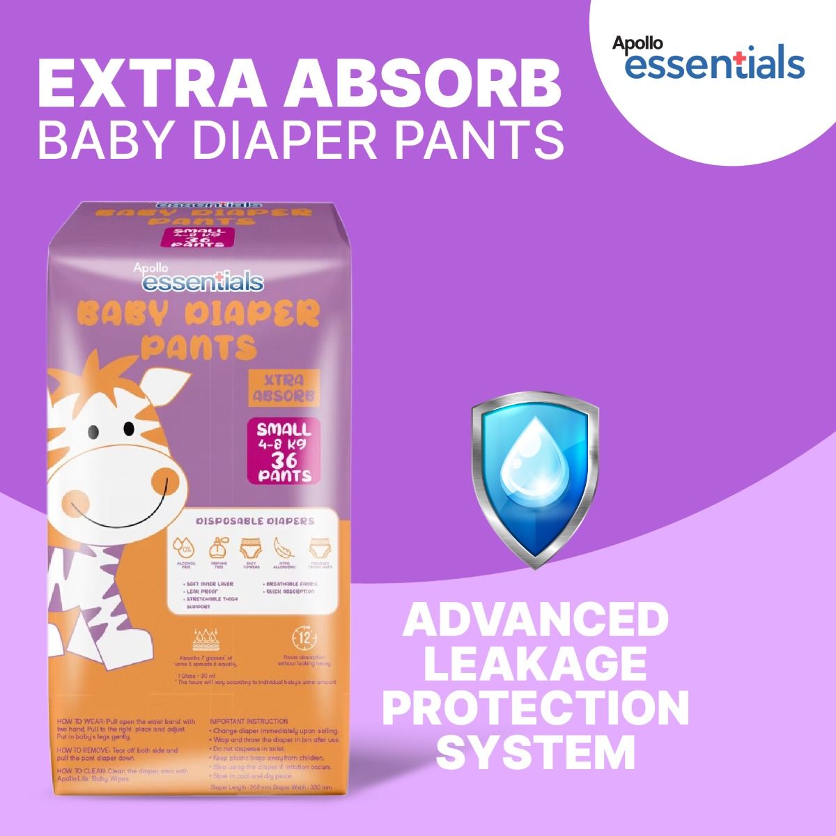 Apollo Essentials Extra Absorb Baby Diaper Pants Small, 36 Count Price ...