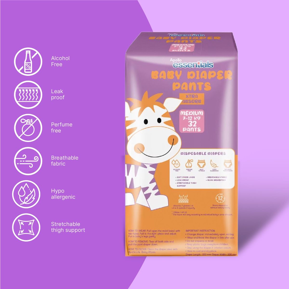 Apollo Essentials Extra Absorb Baby Diaper Pants Medium, 32 Count Price ...