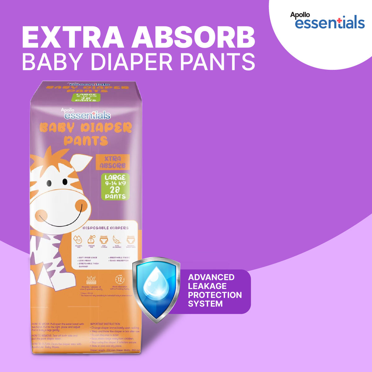Apollo Essentials Extra Absorb Baby Diaper Pants Large, 28 Count Price ...