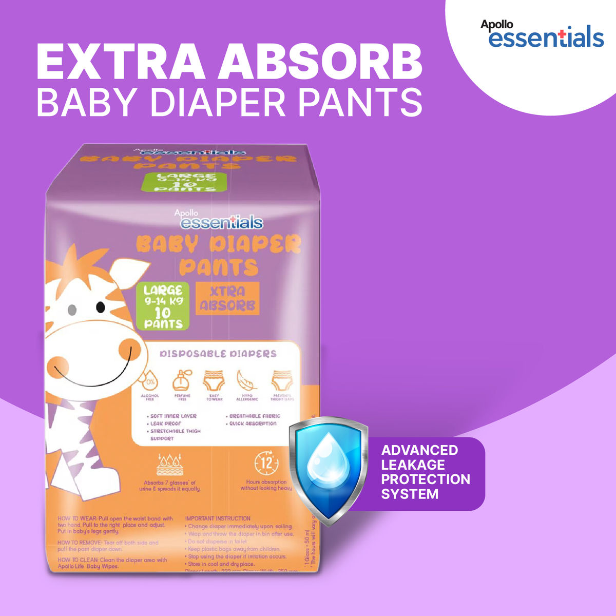 Apollo Essentials Extra Absorb Baby Diaper Pants Large, 10 Count Price ...