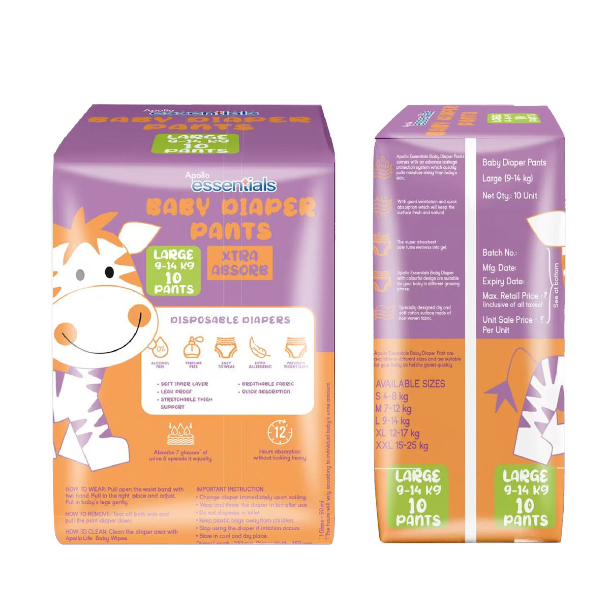 Apollo Essentials Extra Absorb Baby Diaper Pants Large, 10 Count Price ...