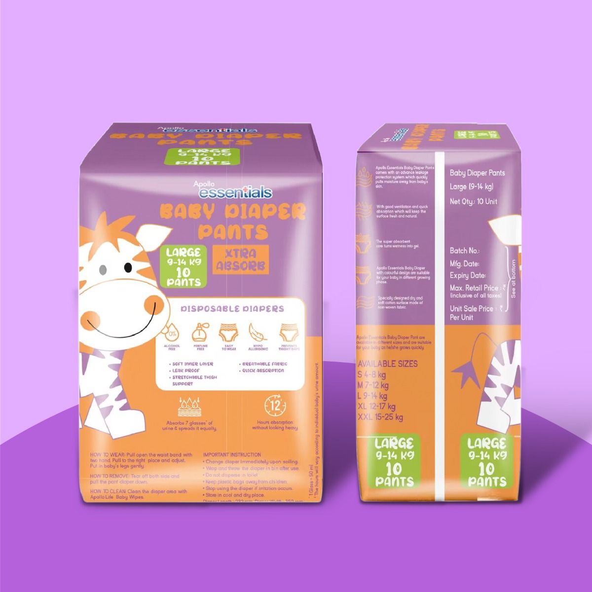 Apollo Essentials Extra Absorb Baby Diaper Pants Large, 10 Count Price ...