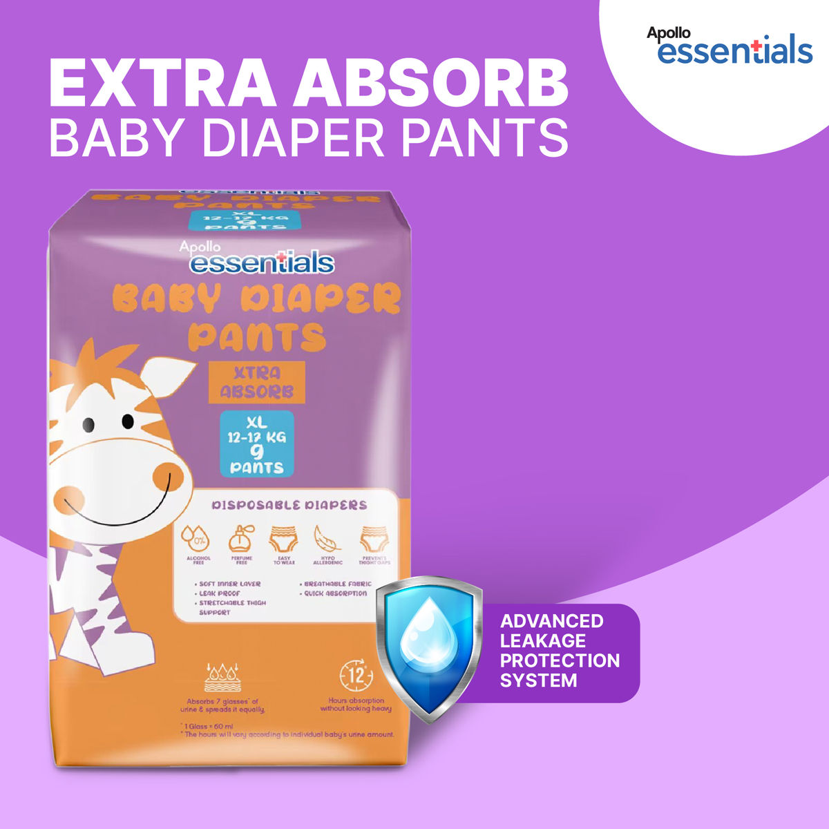 Apollo Essentials Extra Absorb Baby Diaper Pants XL, 9 Count Price ...