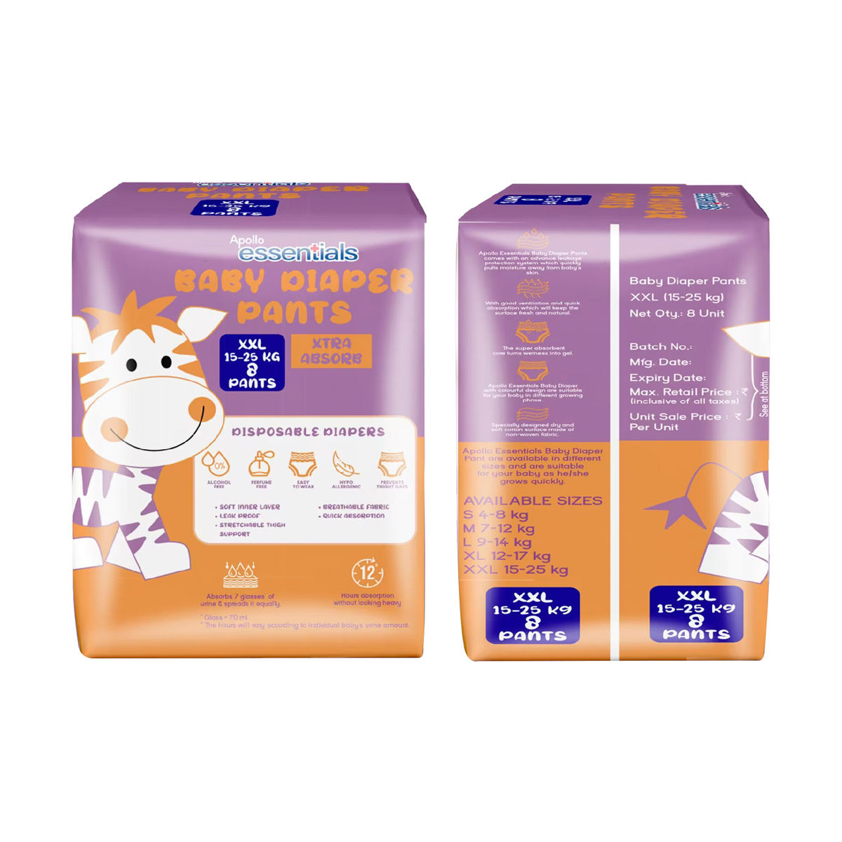 Apollo Essentials Extra Absorb Baby Diaper Pants XXL, 8 Count Price ...