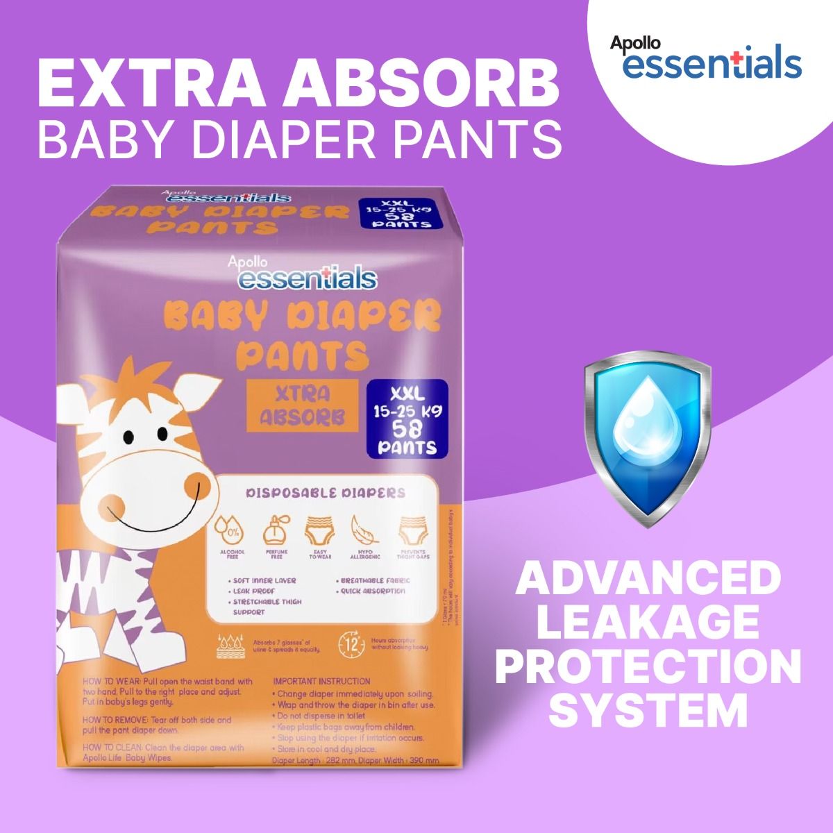 Apollo Essentials Extra Absorb Baby Diaper Pants XXL, 58 Count Price ...