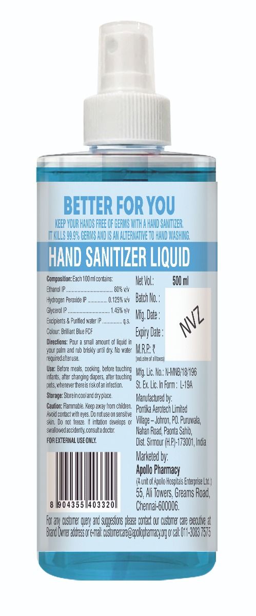Apollo Life Hand Sanitizer Liquid Spray, 500 ml Price, Uses, Side ...