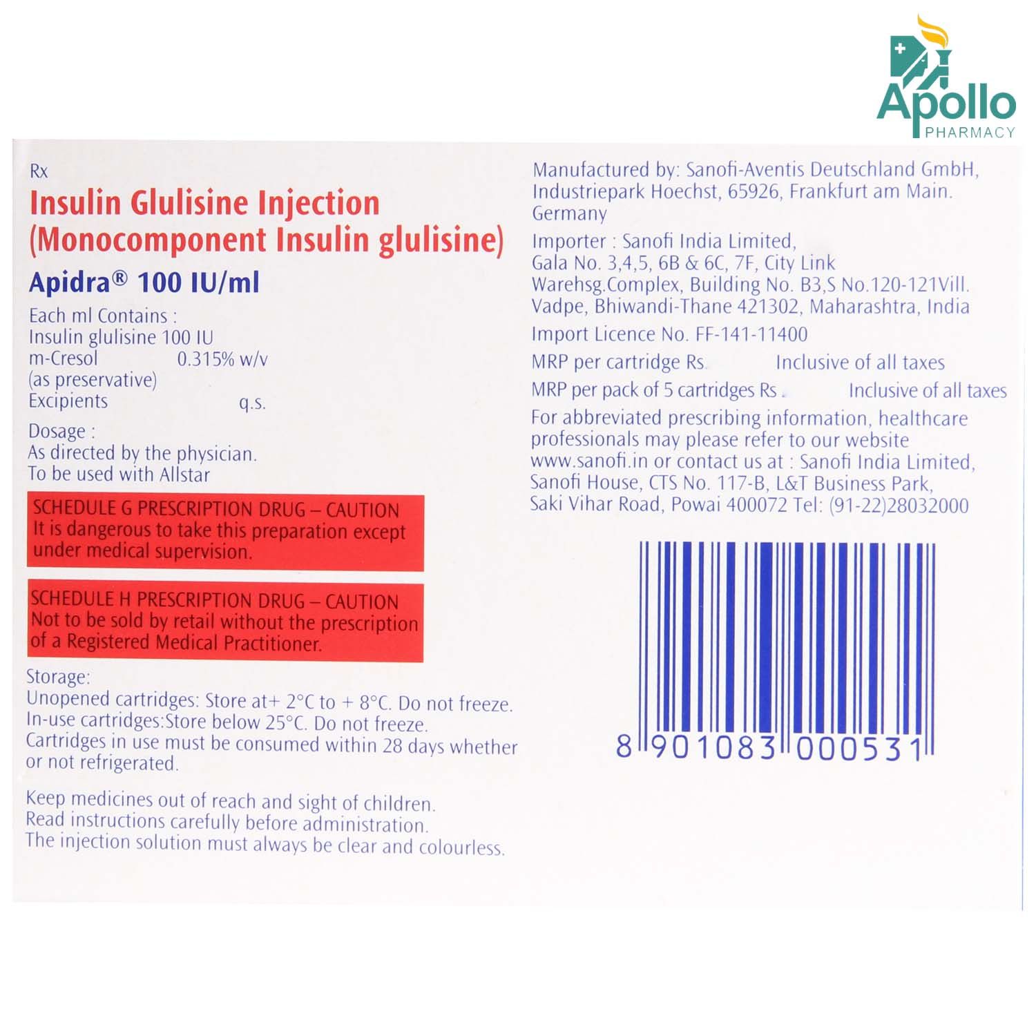 Apidra 100IU Injection Cartridge 3 ml Price, Uses, Side Effects ...