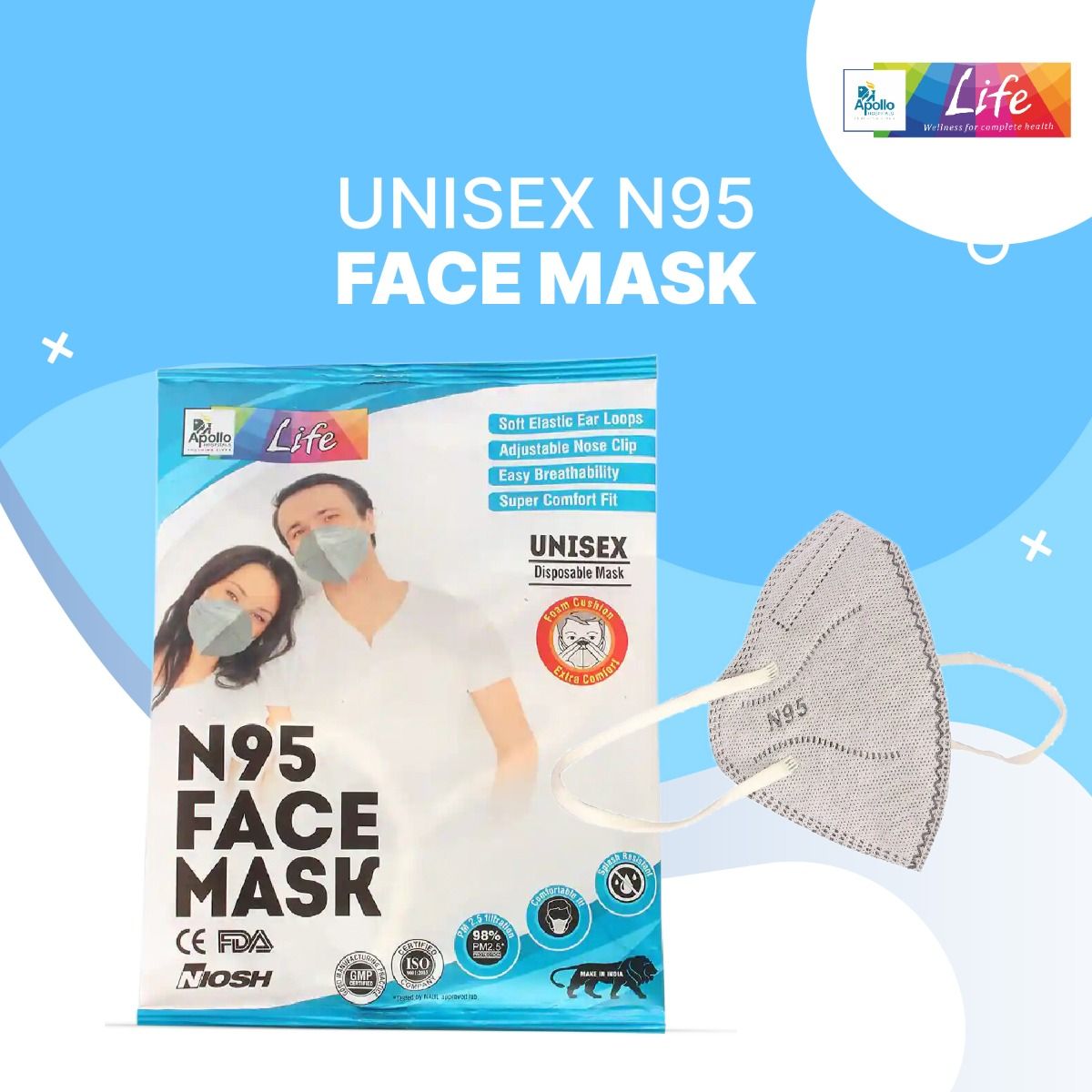Apollo Life N95 Unisex Face Mask, 4 Count Price, Uses, Side Effects ...