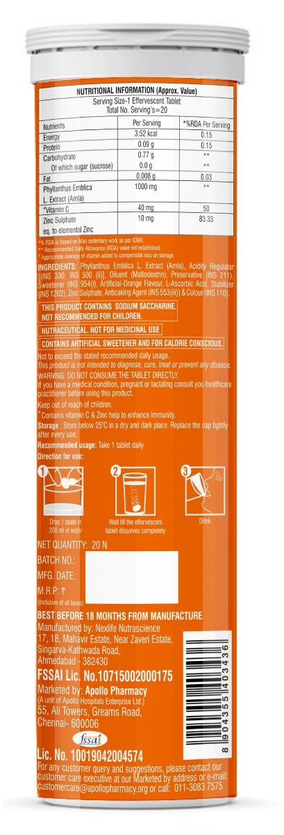 Apollo Pharmacy Vitamin C Effervescent, 20 Tablets Price, Uses, Side ...