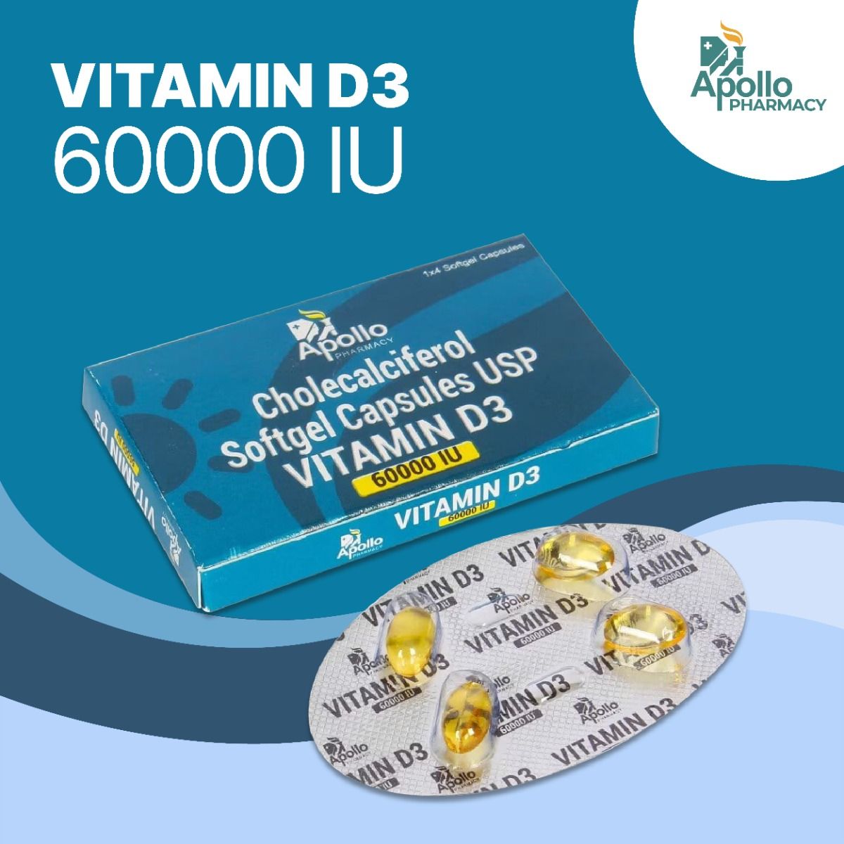 Apollo Pharmacy Vitamin D3 60000 IU, 8 (2x4) Capsules Price, Uses, Side ...