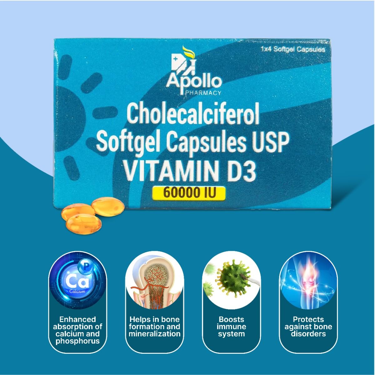 Apollo Pharmacy Vitamin D3 60000 IU, 8 (2x4) Capsules Price, Uses, Side ...