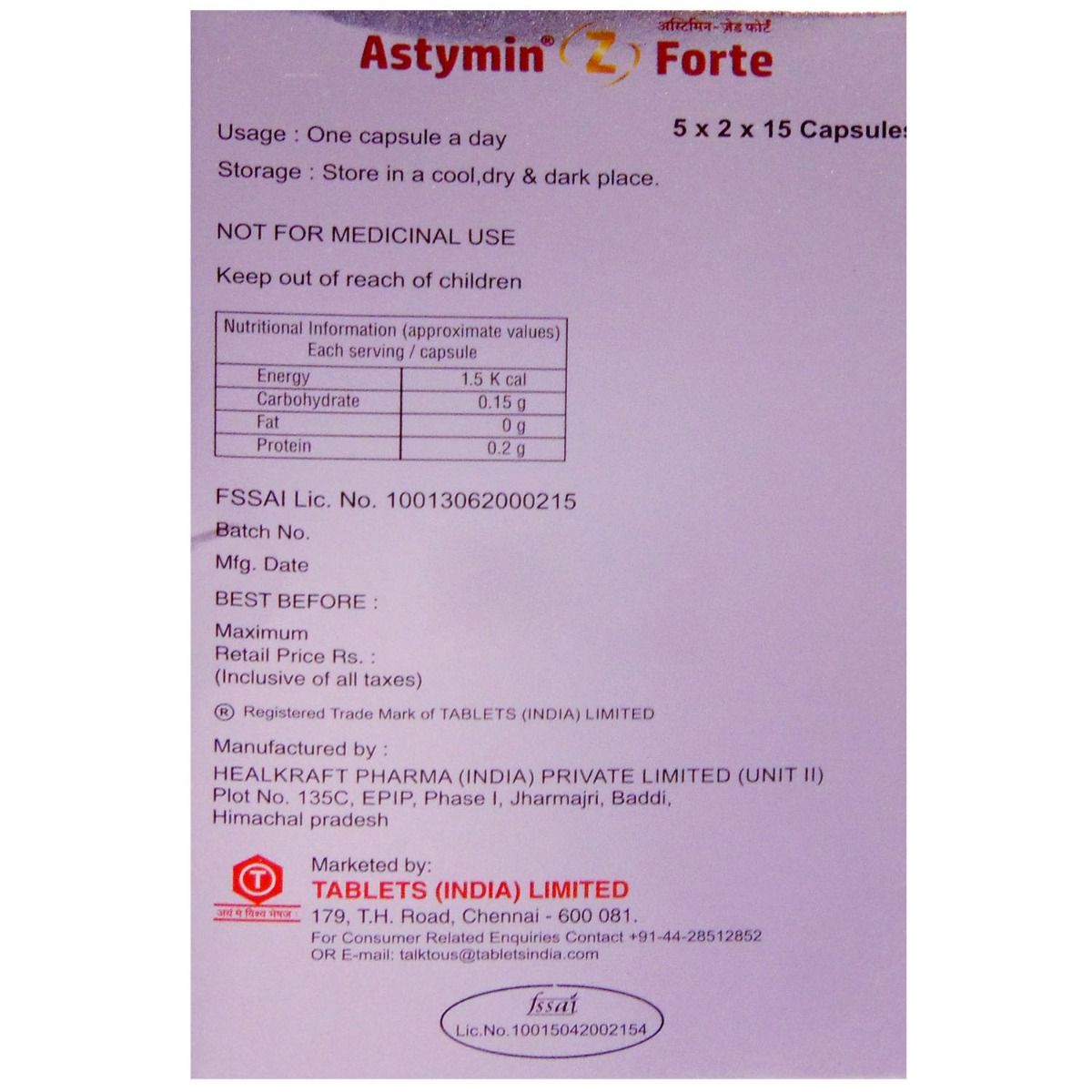 Astymin Z Forte Capsule 2 x 15's Price, Uses, Side Effects, Composition ...