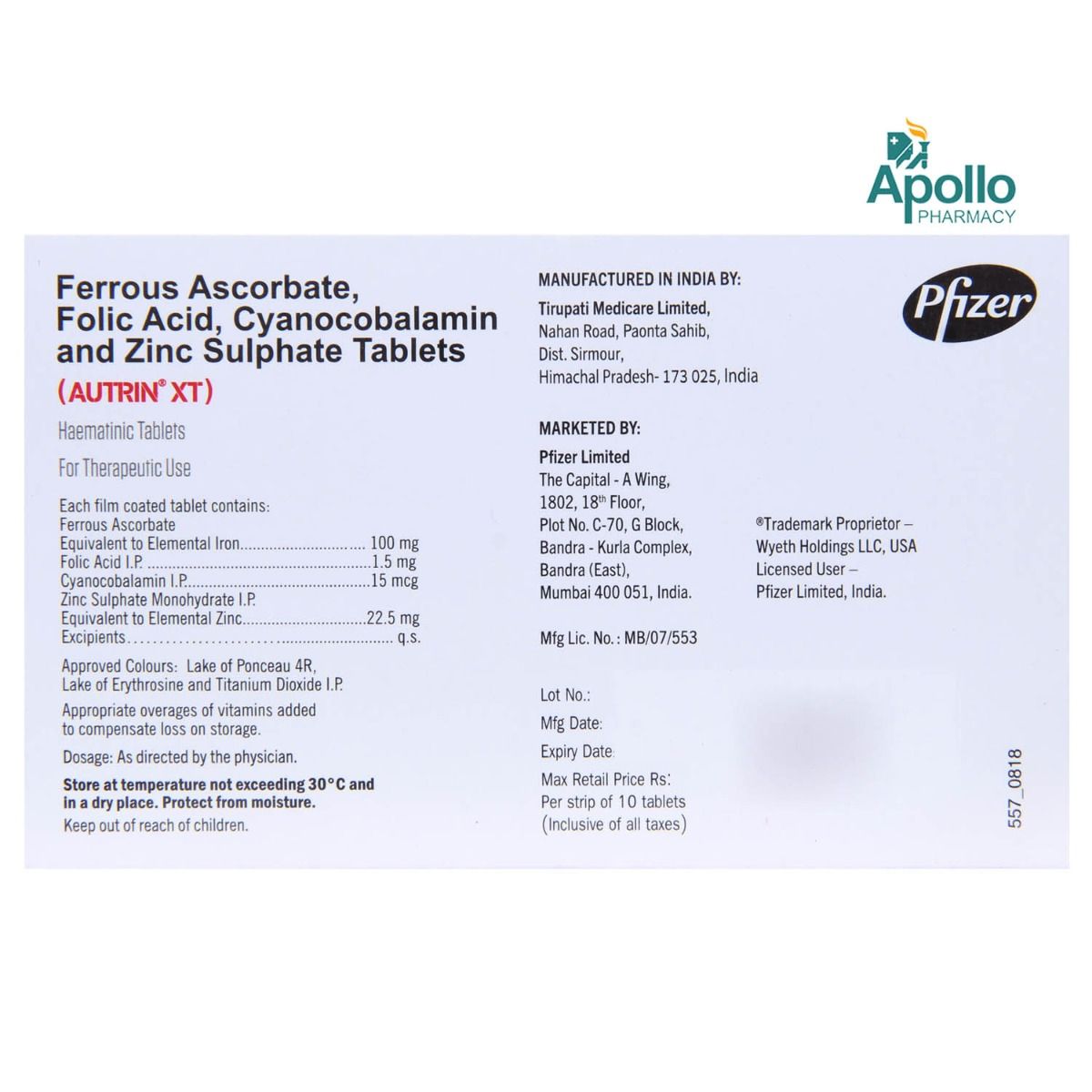 Autrin XT Tablet 10's Price, Uses, Side Effects, Composition - Apollo ...