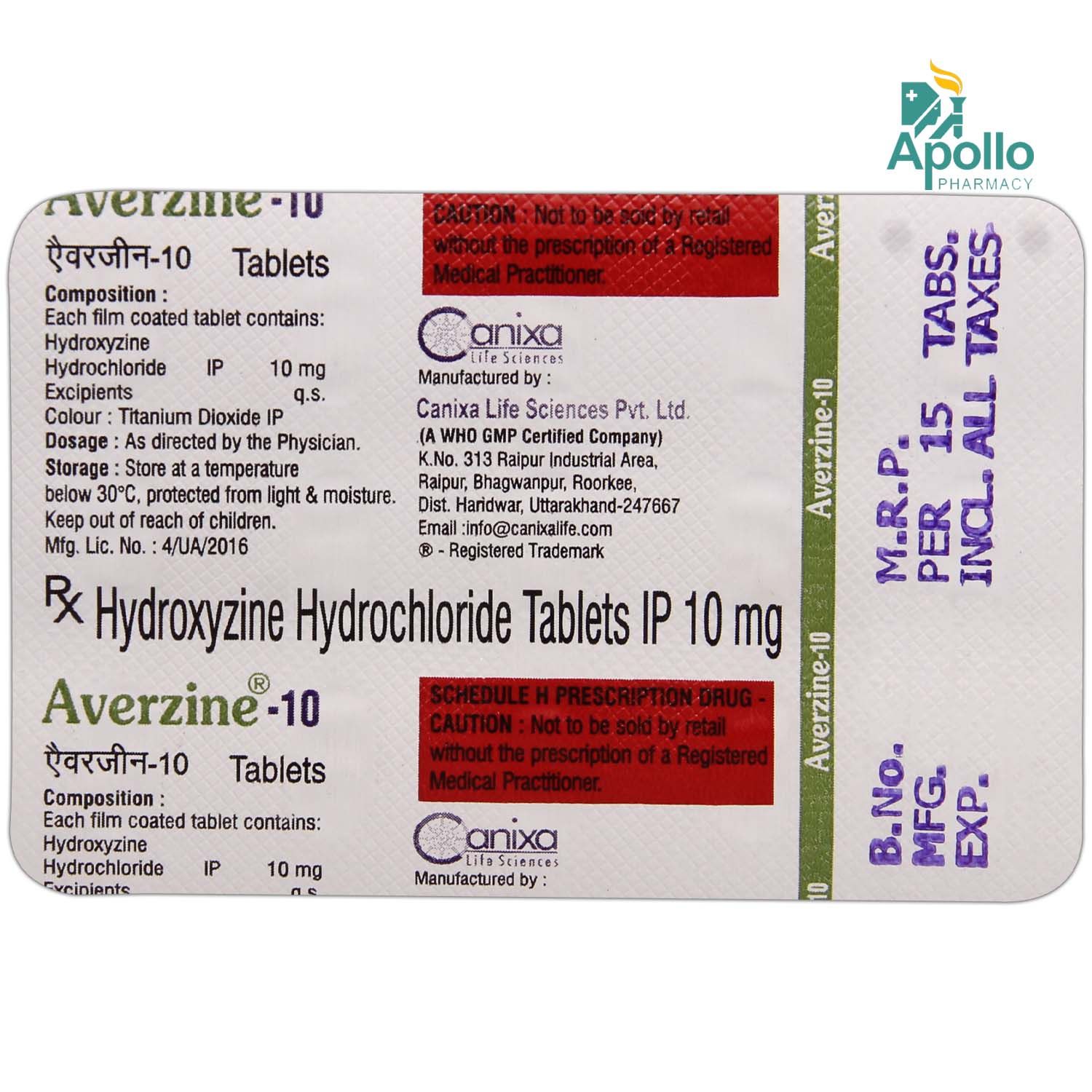 AVERZINE 10MG TABLET 15'S Price, Uses, Side Effects, Composition ...