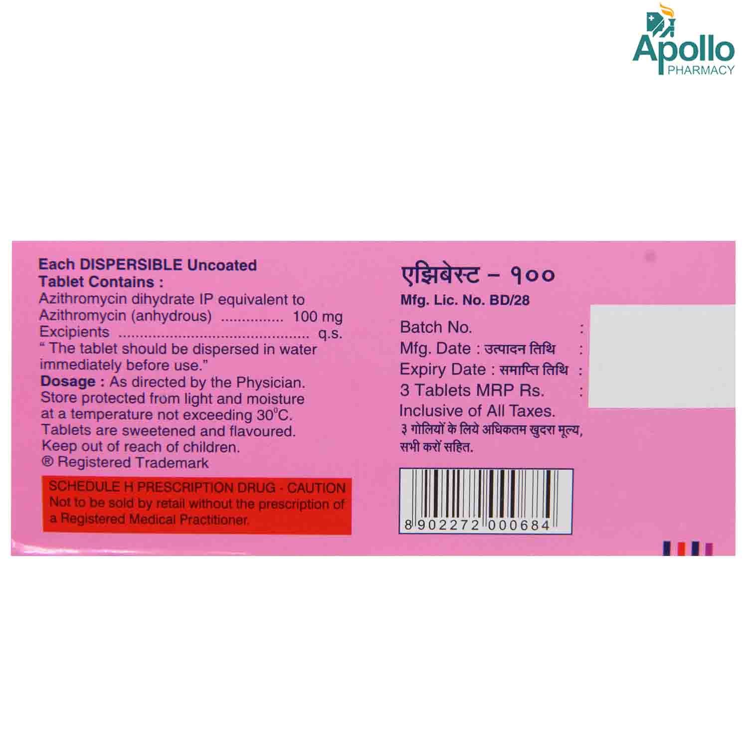 Azibest DT 100 mg Tablet 3's Price, Uses, Side Effects, Composition ...