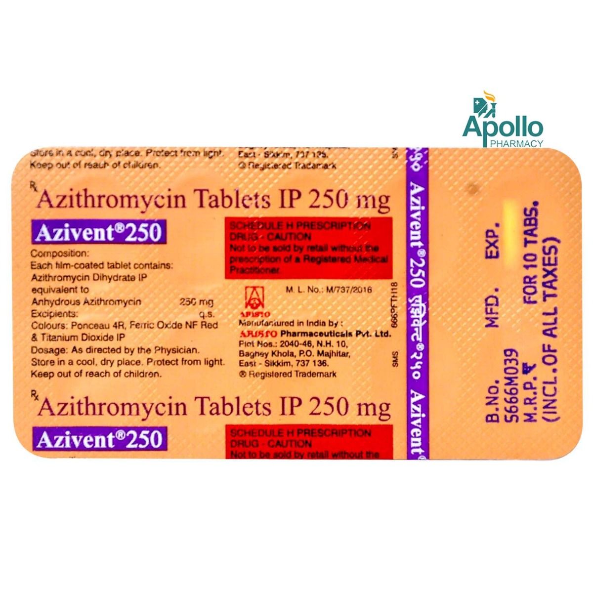 Azivent 250 Tablet 10's Price, Uses, Side Effects, Composition - Apollo ...
