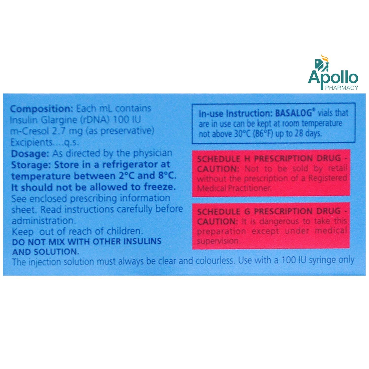 Basalog 100IU/ml Injection 5 ml Price, Uses, Side Effects, Composition ...