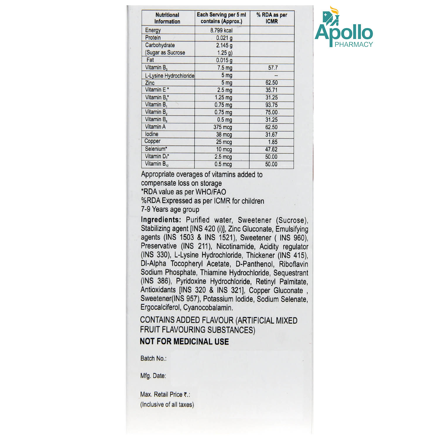 Becozinc H Syrup 200 ml Price, Uses, Side Effects, Composition - Apollo ...