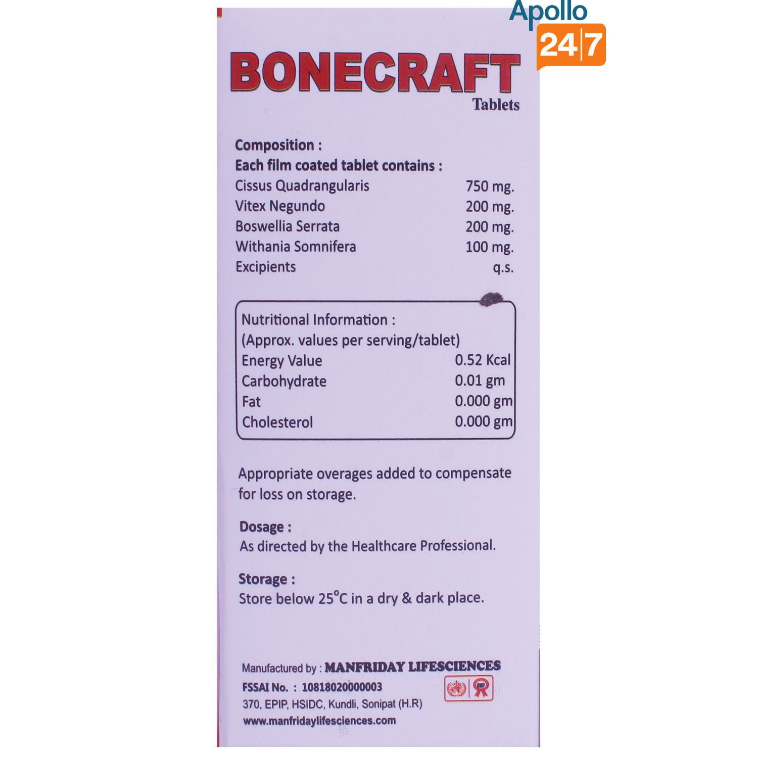 Boncraft Tablet 30's Price, Uses, Side Effects, Composition - Apollo ...