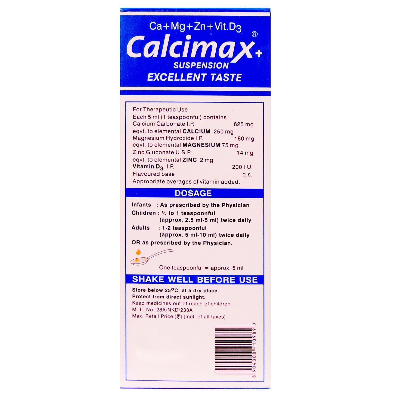 Calcimax Plus Suspension 200 ml Price, Uses, Side Effects, Composition ...