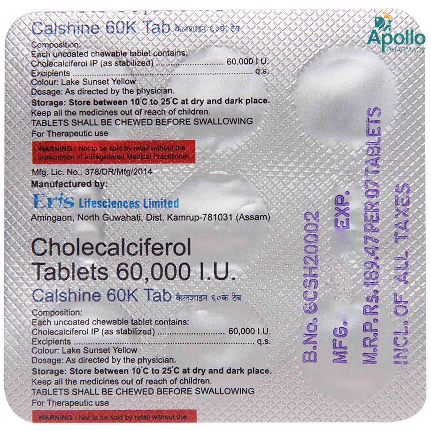 Calshine 60K Tablet 7's Price, Uses, Side Effects, Composition - Apollo ...
