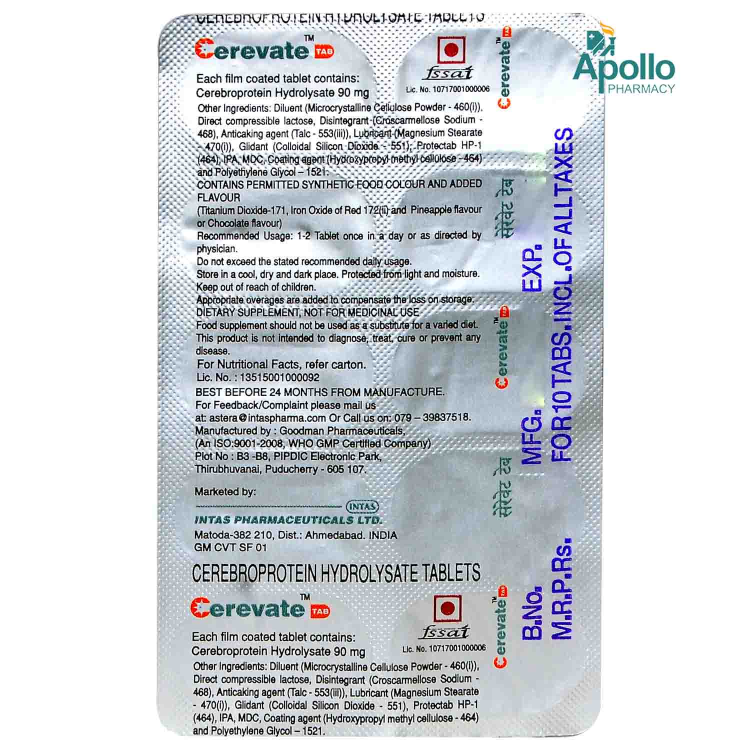 Cerevate Tablet 10's Price, Uses, Side Effects, Composition - Apollo ...