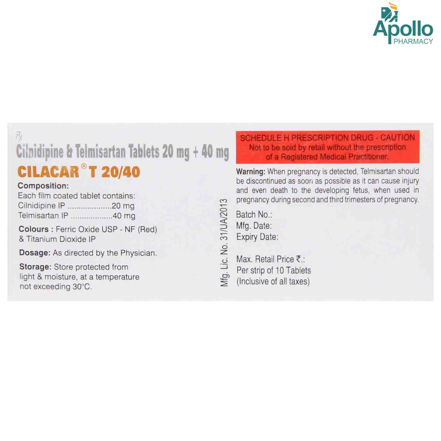 Cilacar T 20/40mg Tablet 10's Price, Uses, Side Effects, Composition - Apollo Pharmacy