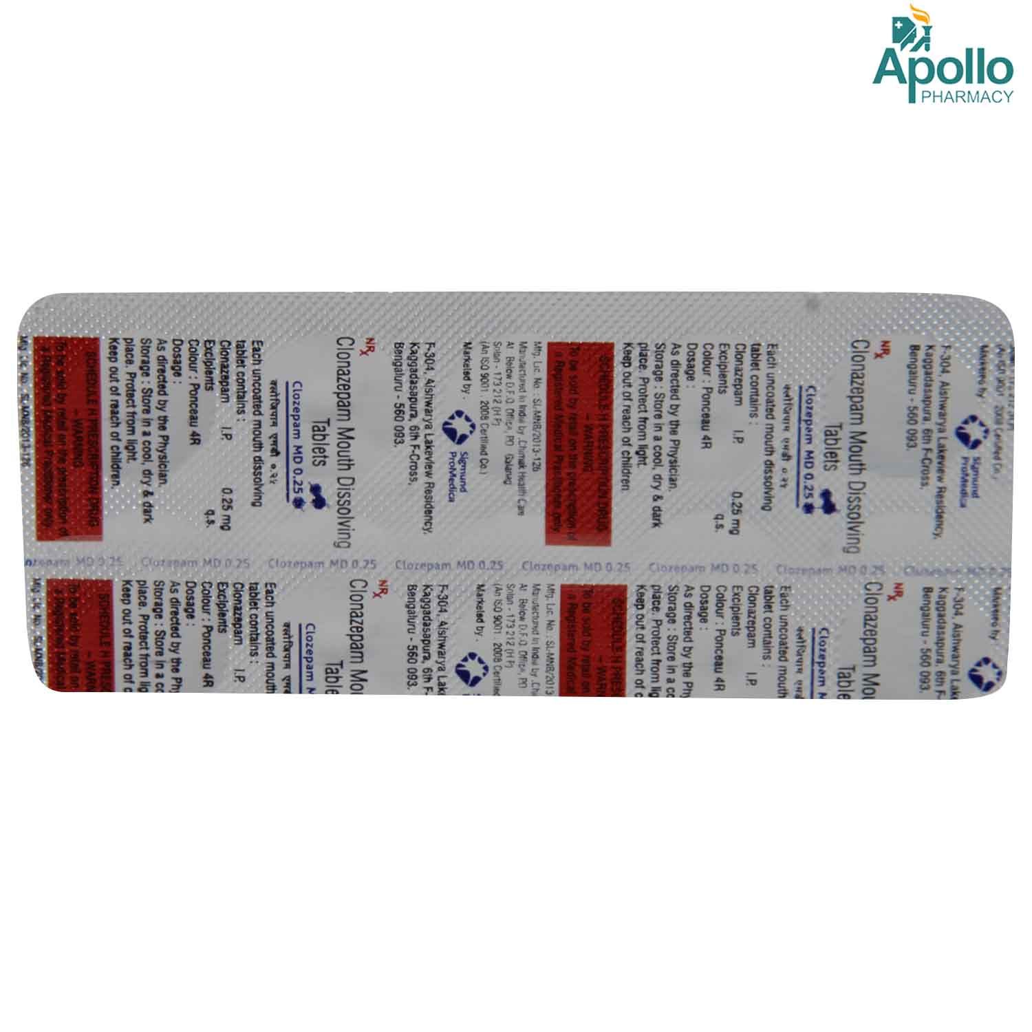 CLOZEPAM MD 0.25MG TABLET Price, Uses, Side Effects, Composition ...