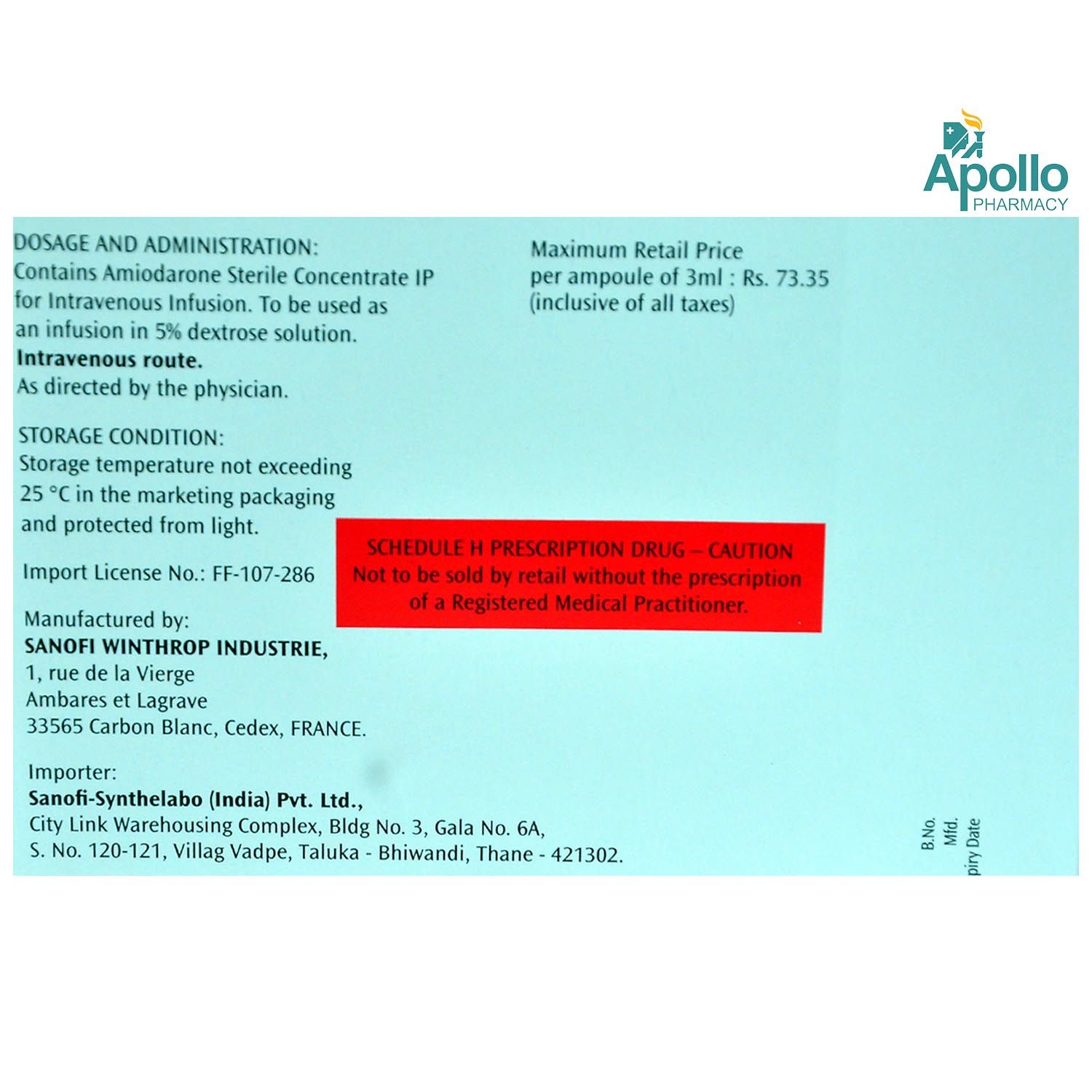 CORDARONE INJECTION 3ML Price, Uses, Side Effects, Composition - Apollo Pharmacy