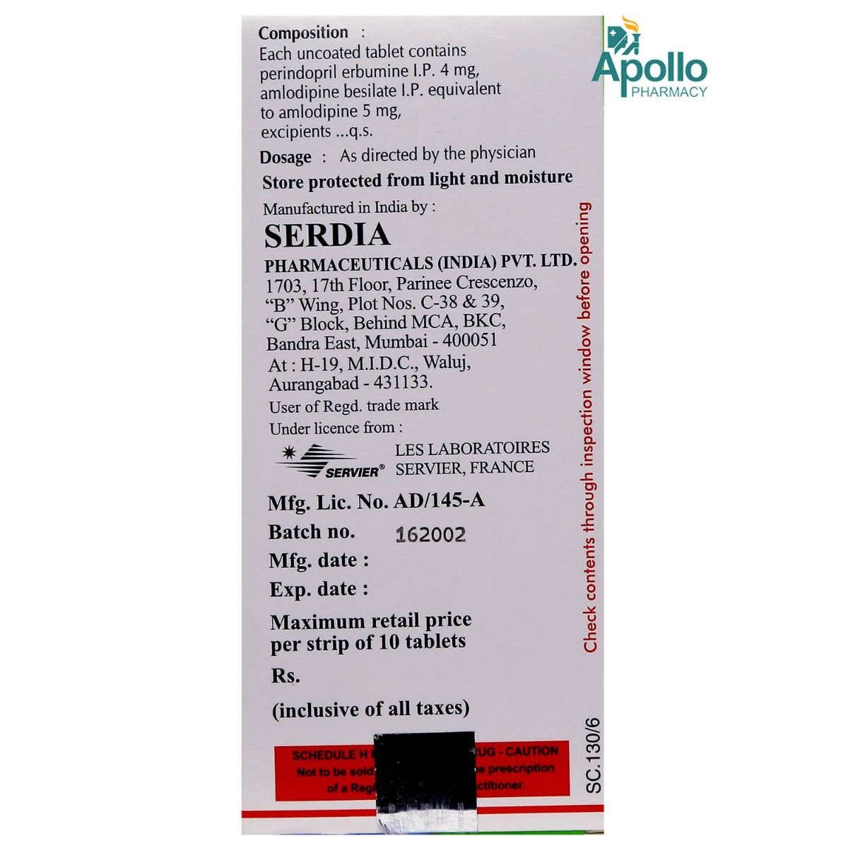 Coversyl AM 4/5 Tablet 10's Price, Uses, Side Effects, Composition - Apollo Pharmacy