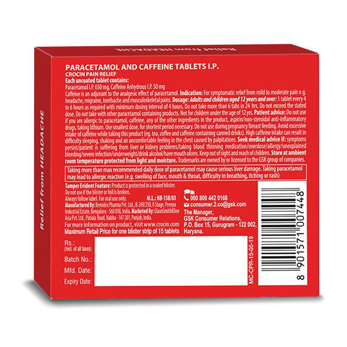 Crocin Pain Relief Tablet 15's Price, Uses, Side Effects, Composition ...