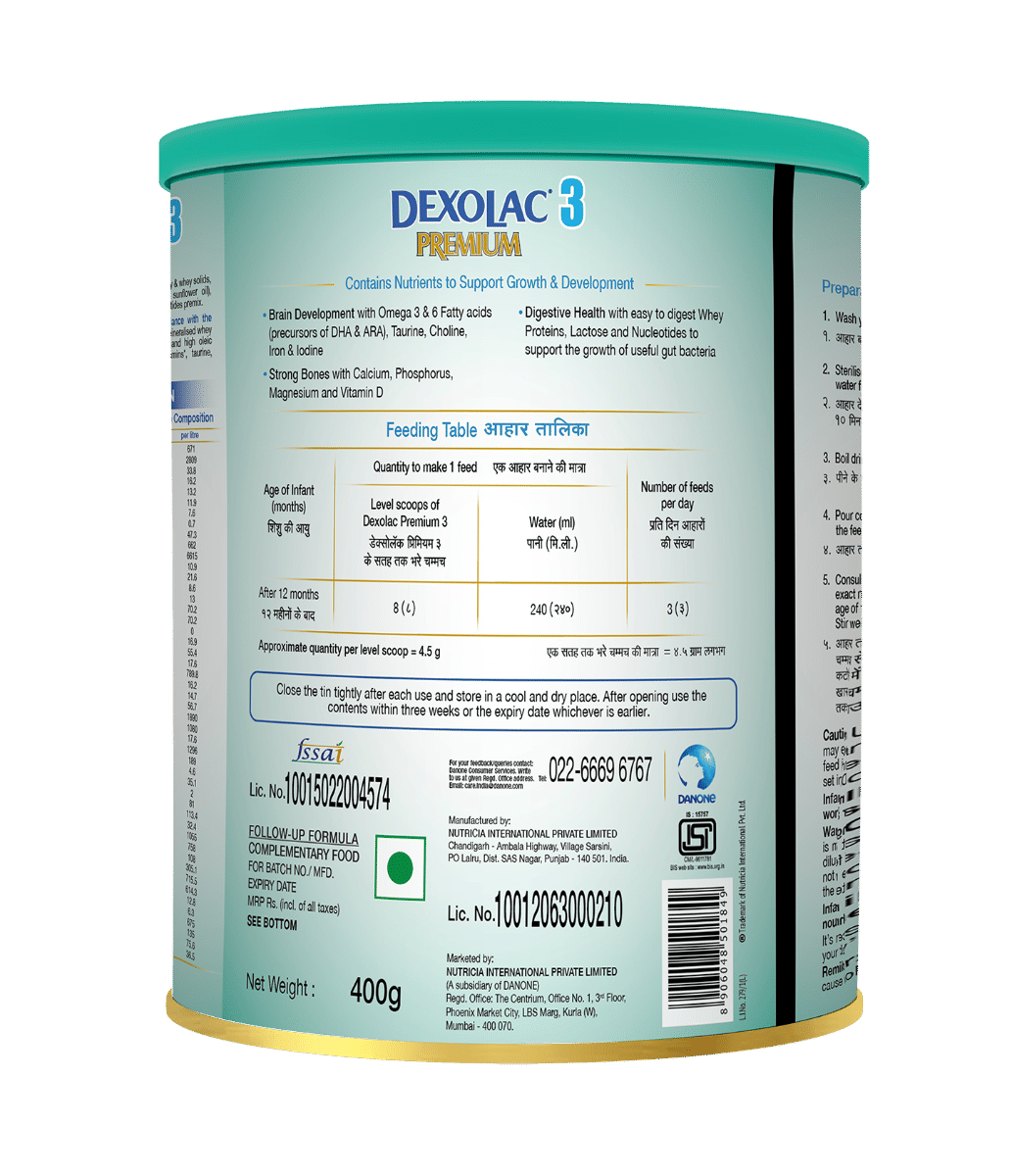 Dexolac Premium Infant Formula Stage 3, 12 to 24 Months, 400 gm Tin ...