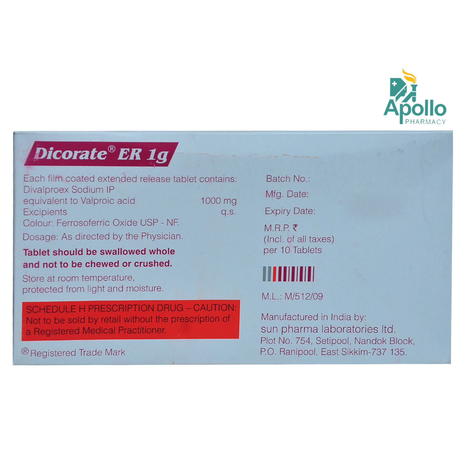 Dicorate ER Tablet 1g 10's Price, Uses, Side Effects, Composition - Apollo Pharmacy